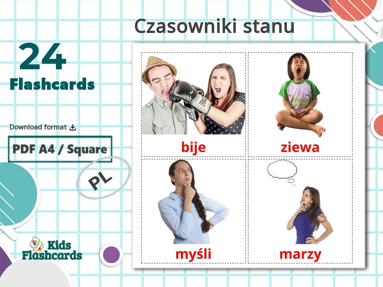 24 Printable State verbs Flashcards in Polish (Free PDF)
