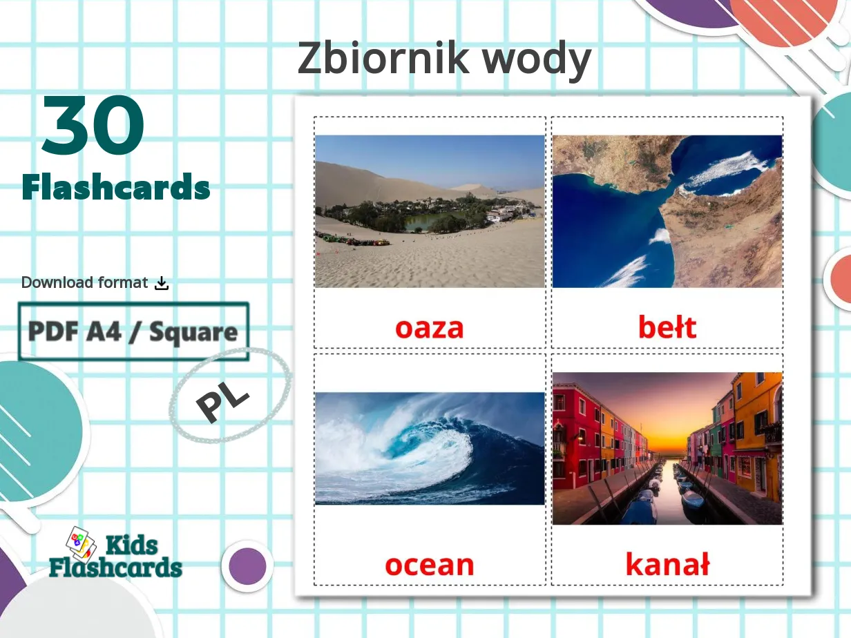 30 Printable Bodies of Water Flashcards in Polish (Free PDF)