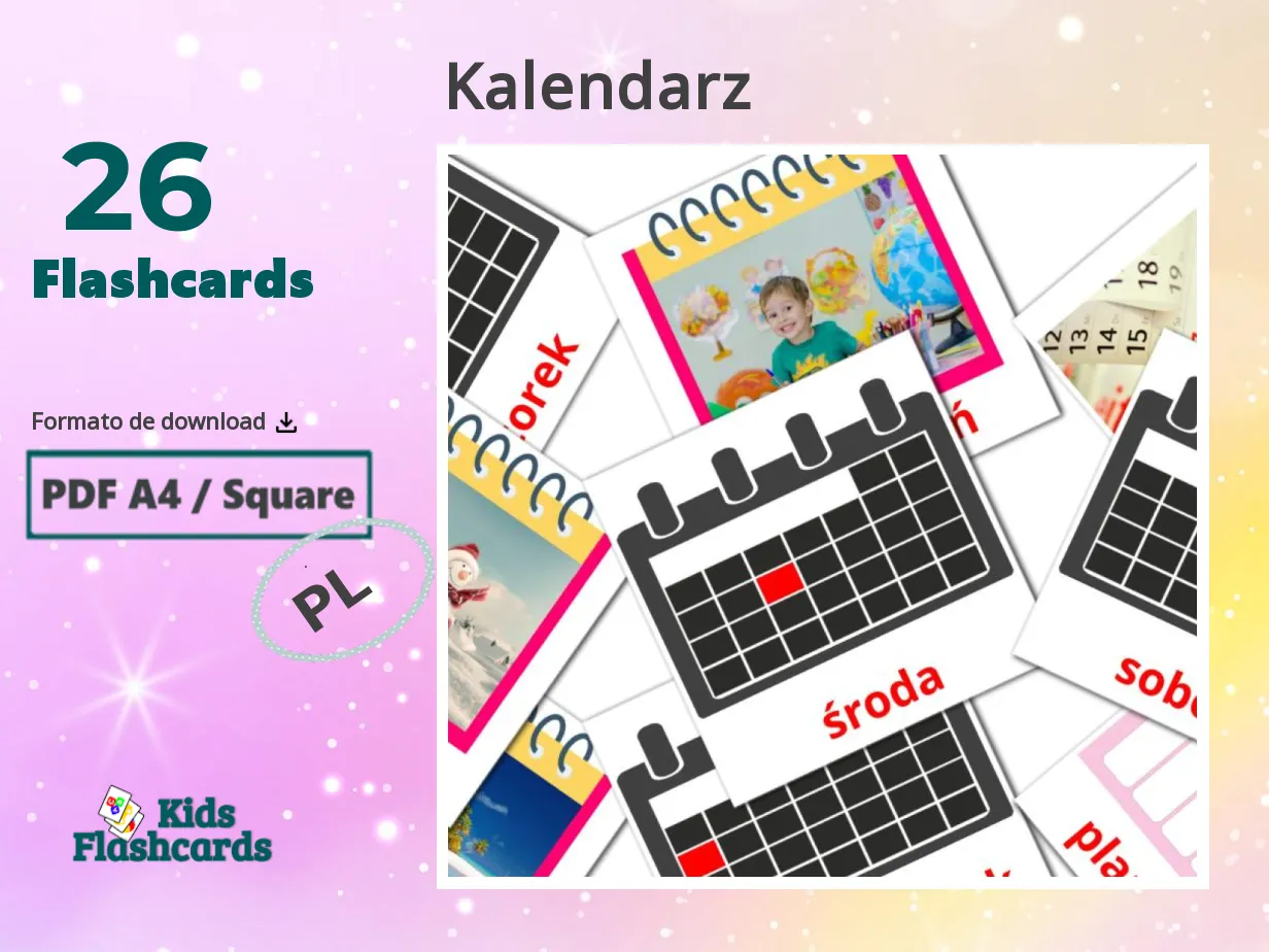 26 Flashcards de Calendário GRÁTIS em Polimento | 4 PDFs imprimíveis
