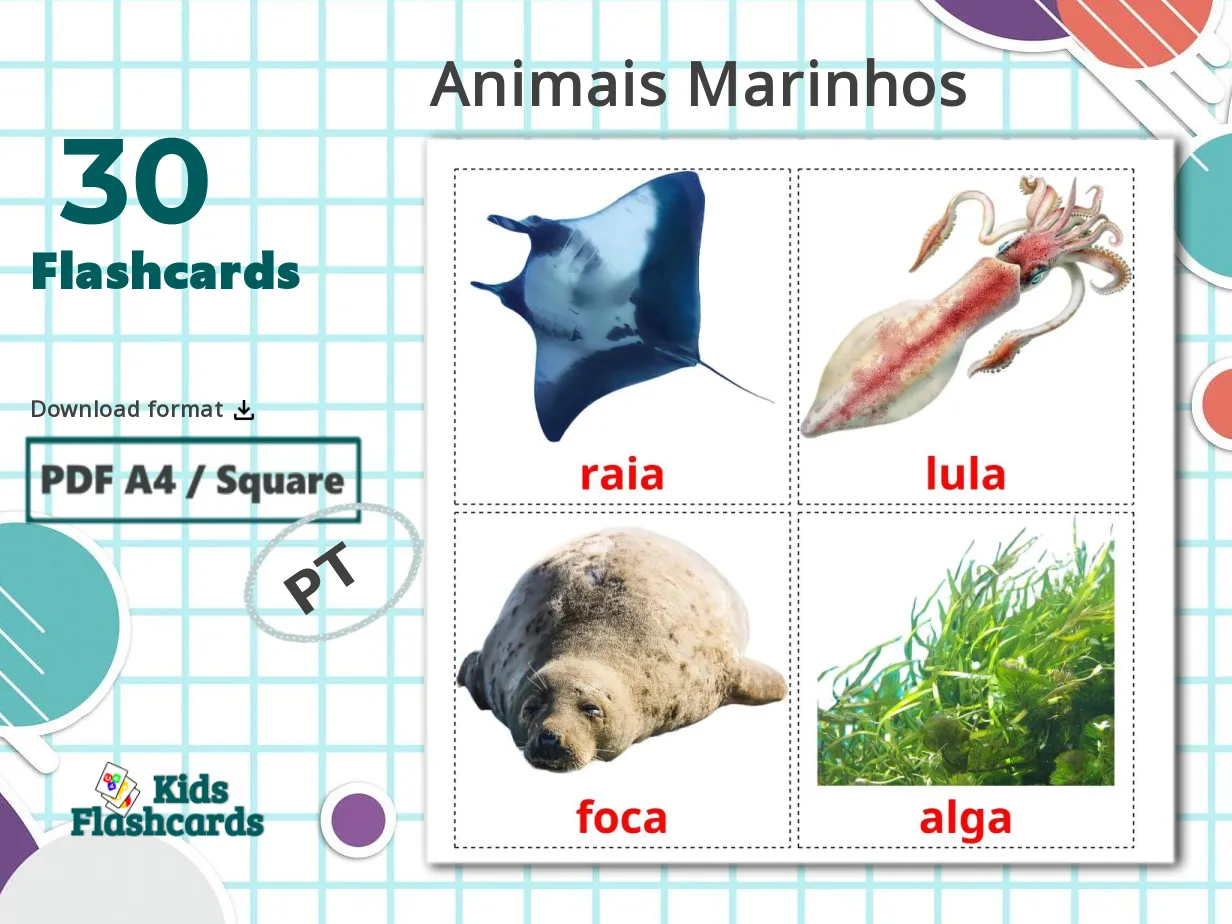 30 Printable Sea animals Flashcards in Portuguese (Free PDF)