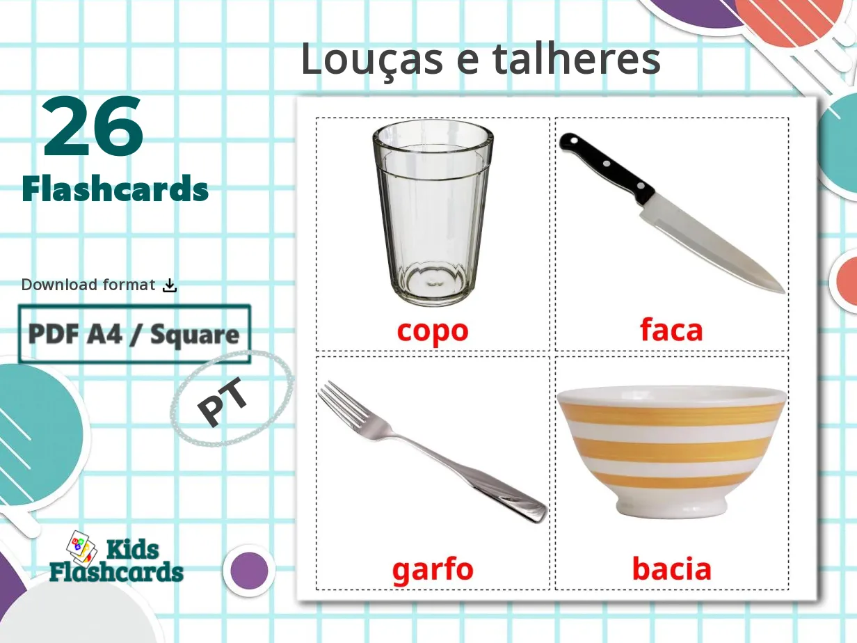 26 Printable Crockery and cutlery Flashcards in Portuguese (Free PDF)