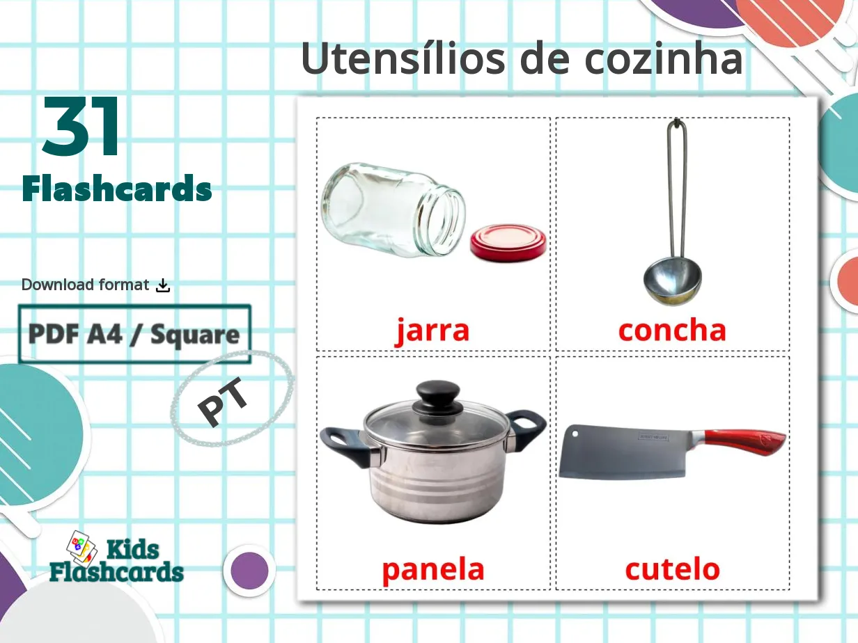 31 Printable Kitchenware Flashcards in Portuguese (Free PDF)