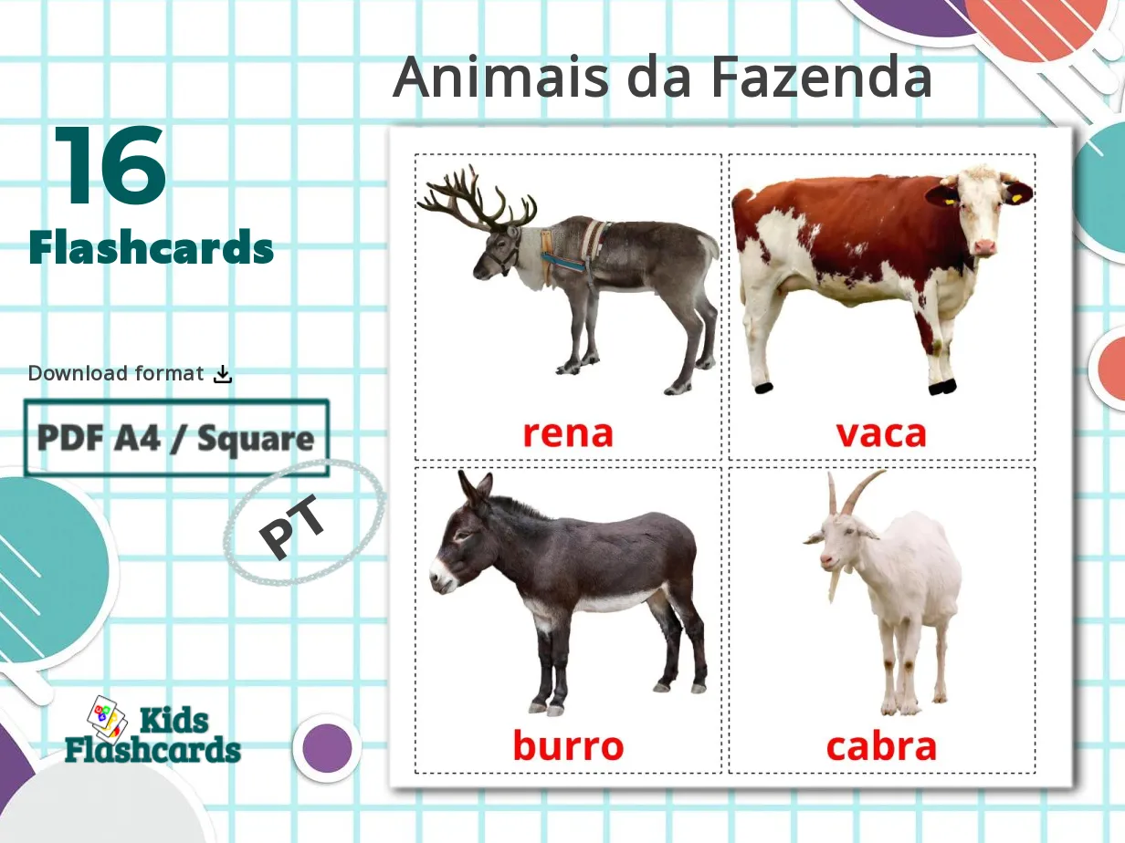 16 Printable Farm animals Flashcards in Portuguese (Free PDF)