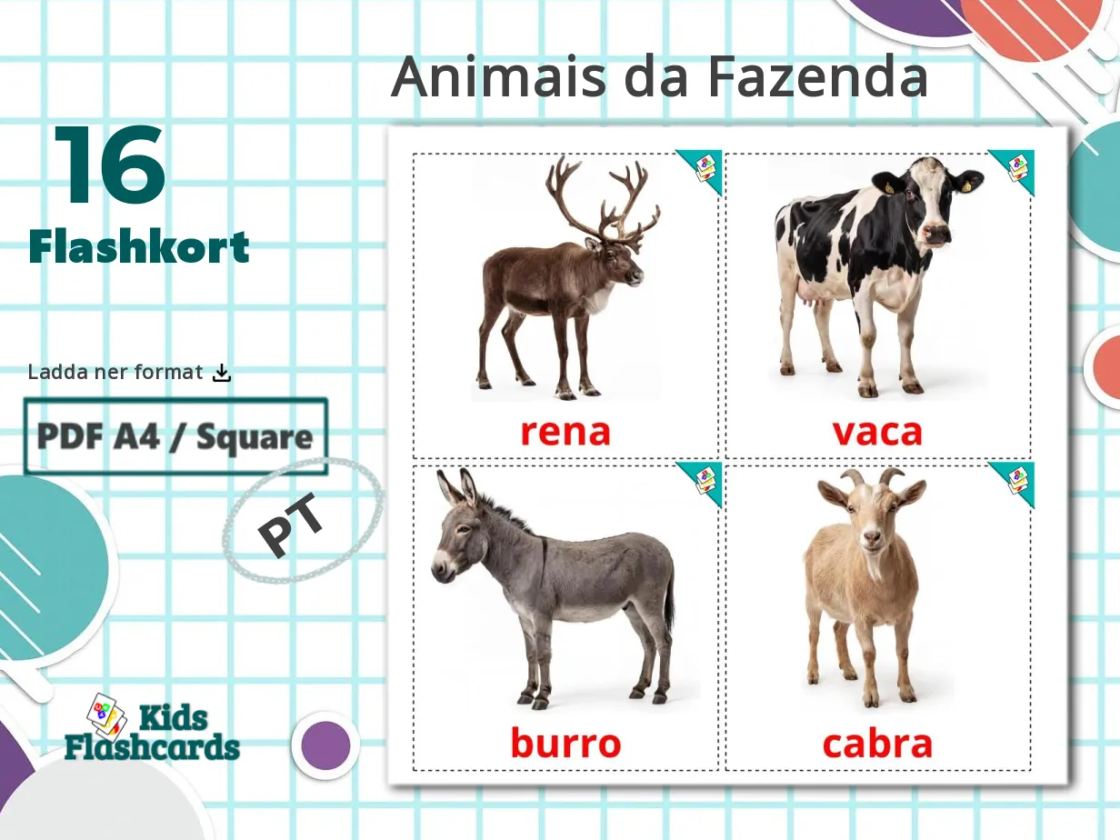 16 GRATIS Gårdsdjur bildkort i 4 PDF-format | Portugisiska bilder