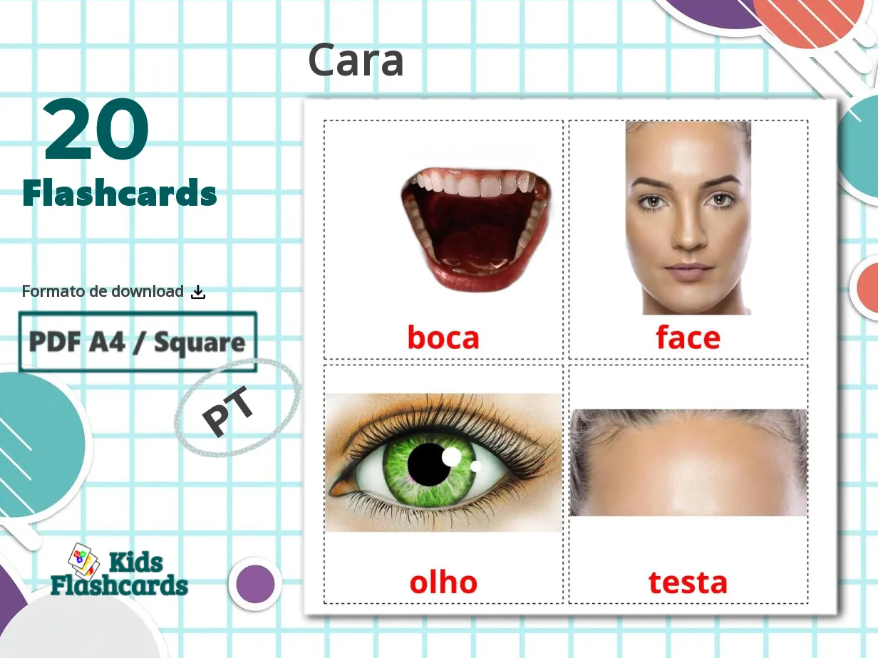 20 Cartões linguagem de Cara GRÁTIS em 4 formatos PDF | Português Pictures
