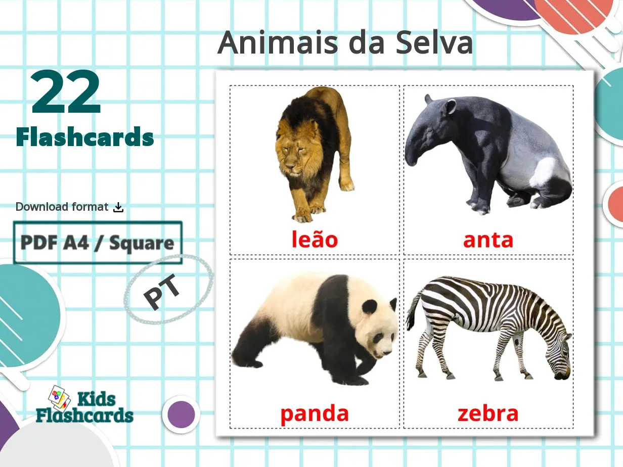 22 Printable Jungle animals Flashcards in Portuguese (Free PDF)