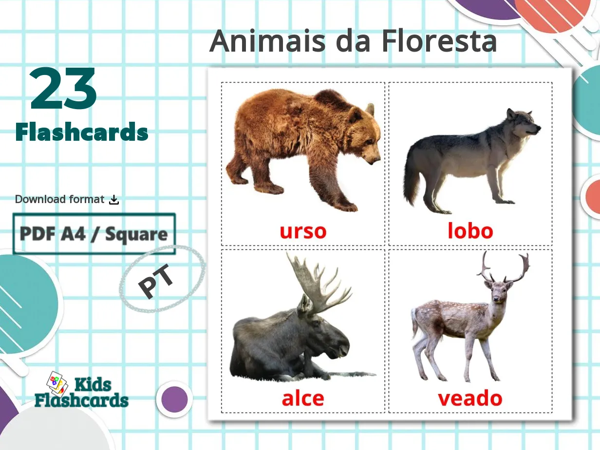 23 Printable Forest animals Flashcards in Portuguese (Free PDF)
