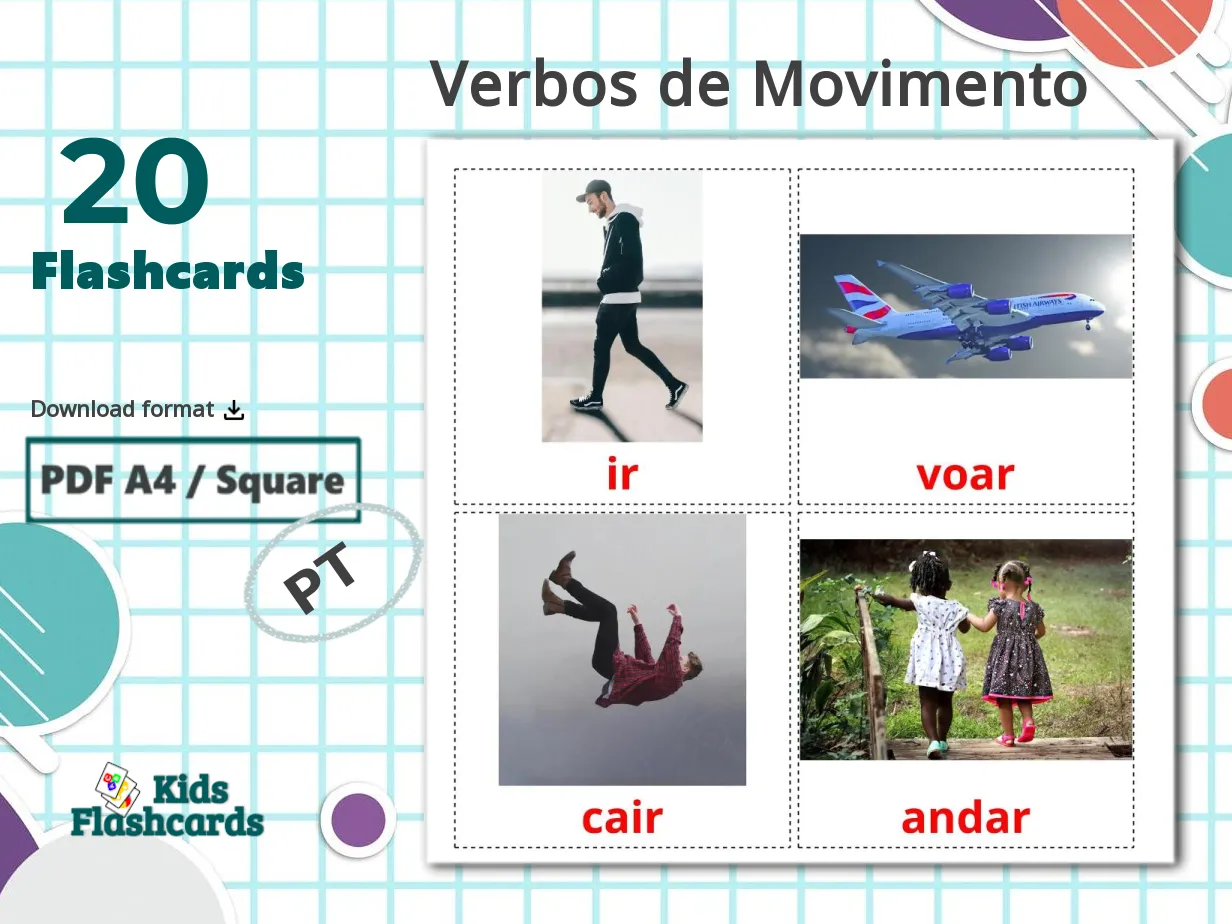 20 Printable Movement verbs Flashcards in Portuguese (Free PDF)