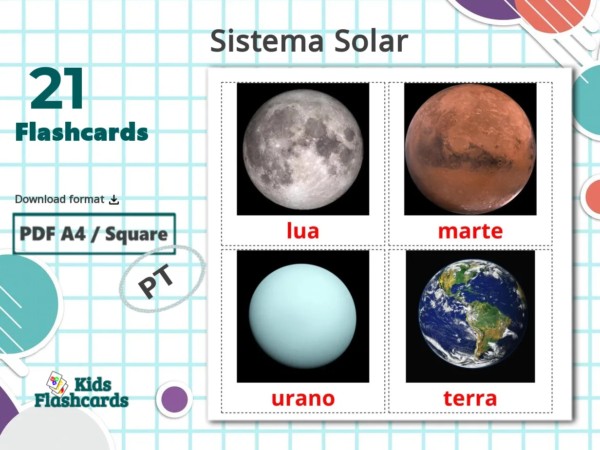 21 Printable Solar System Flashcards in Portuguese (Free PDF)