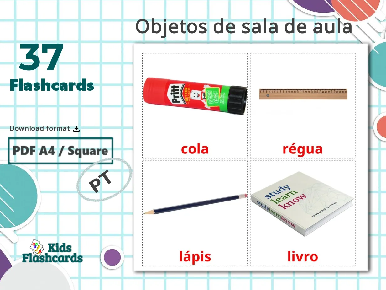 37 Printable Classroom objects Flashcards in Portuguese (Free PDF)