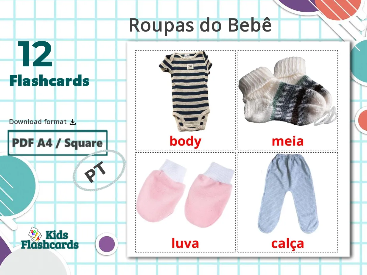 12 Printable Baby clothes Flashcards in Portuguese (Free PDF)