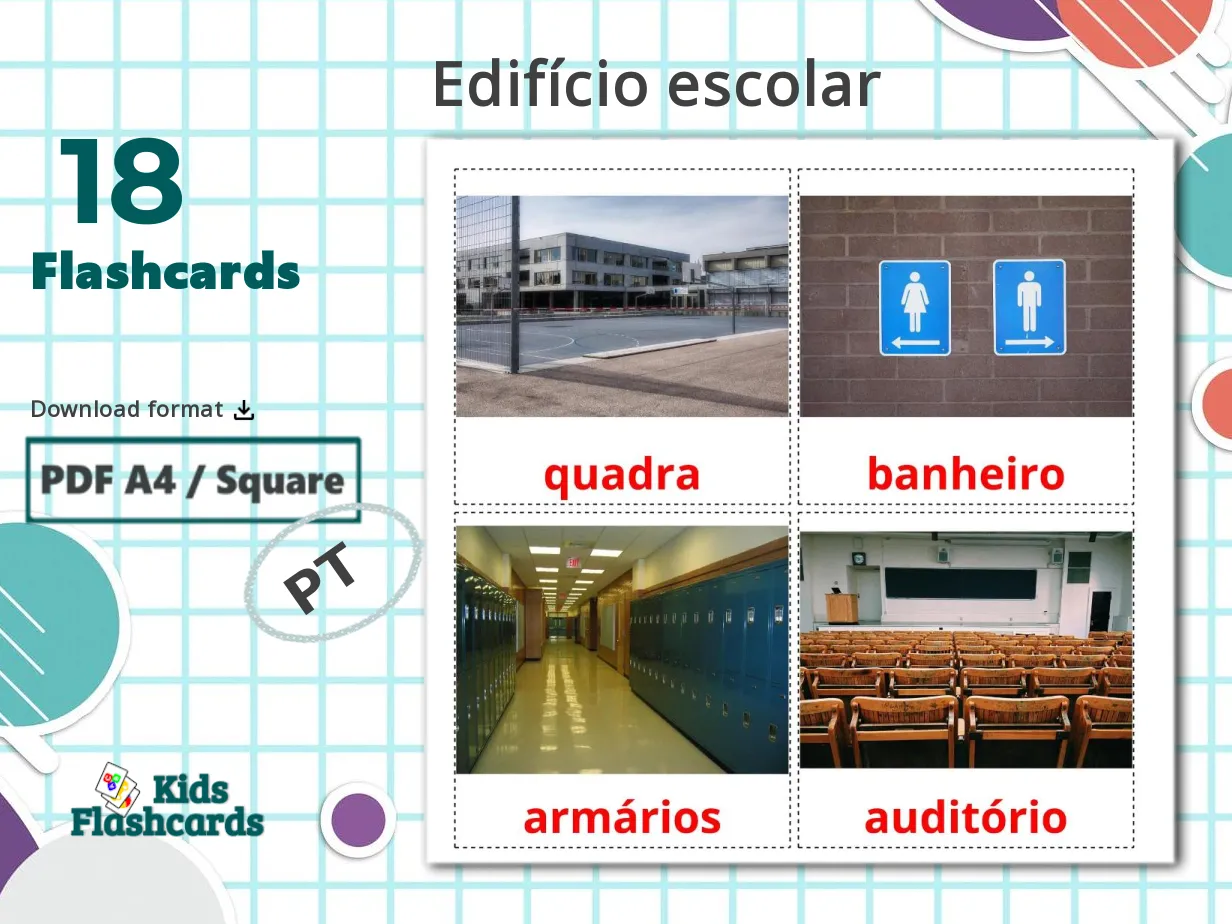 18 Printable School building Flashcards in Portuguese (Free PDF)
