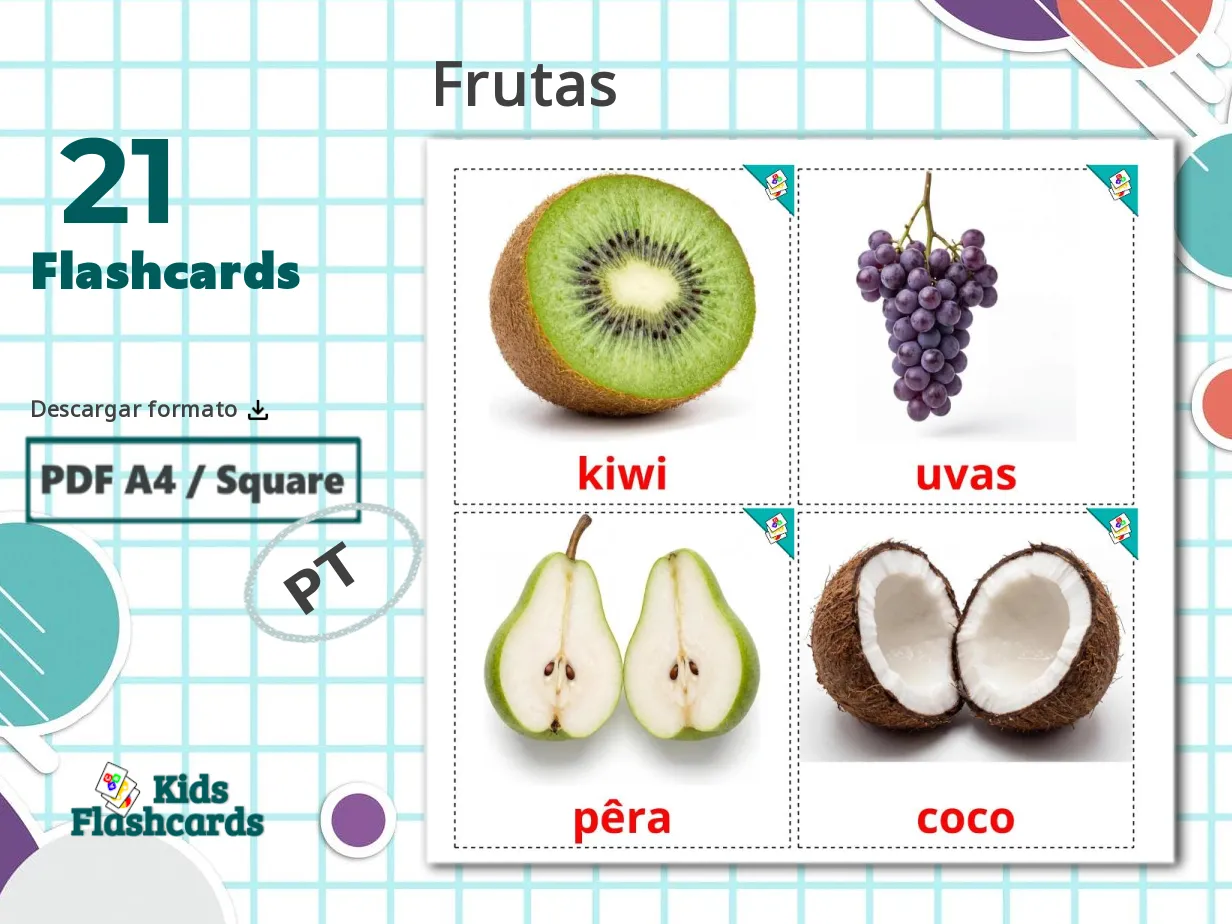 21 Tarjetas de Aprendizaje de Frutas GRATIS en PDF | Imágenes en Portugués