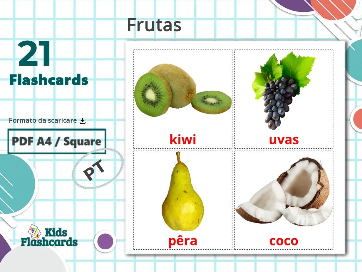 21 Flashcard GRATUITE sui Frutta in 4 Formati PDF | Immagini in Portoghese