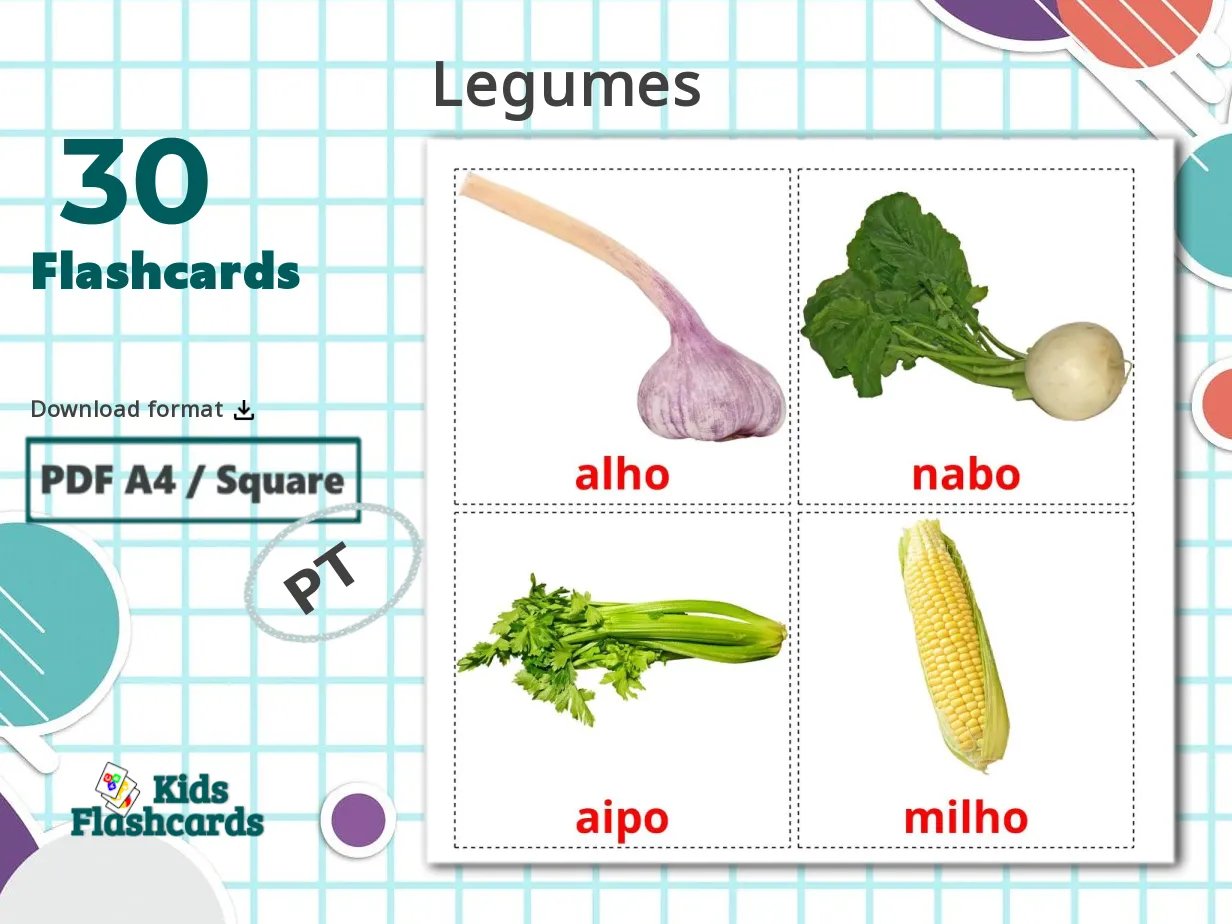 30 Printable Vegetables Flashcards in Portuguese (Free PDF)