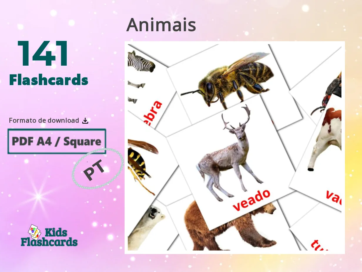141 Flashcards de Animais GRÁTIS em Português | 4 PDFs imprimíveis