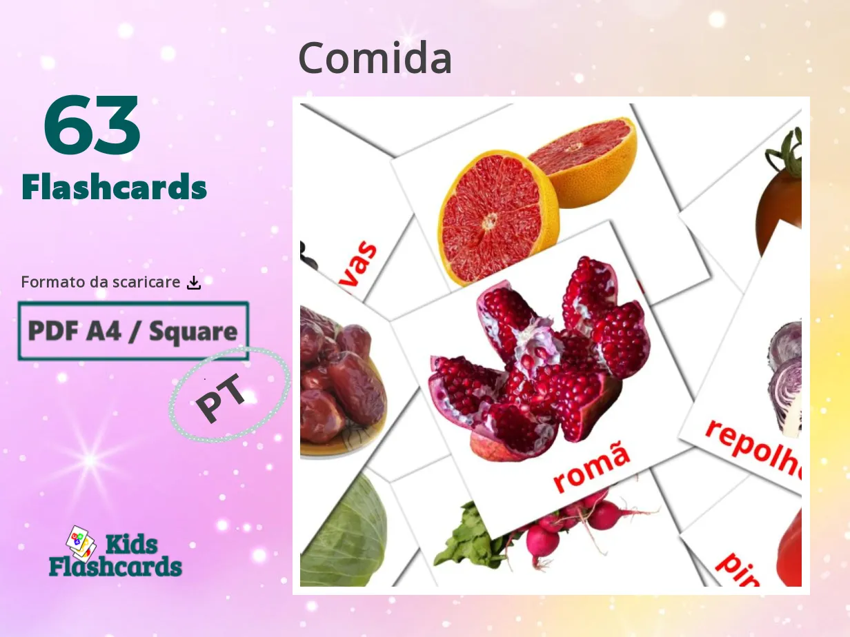 63 Flashcard GRATUITE sugli Cibo in Portoghese | 4 PDF Stampabili