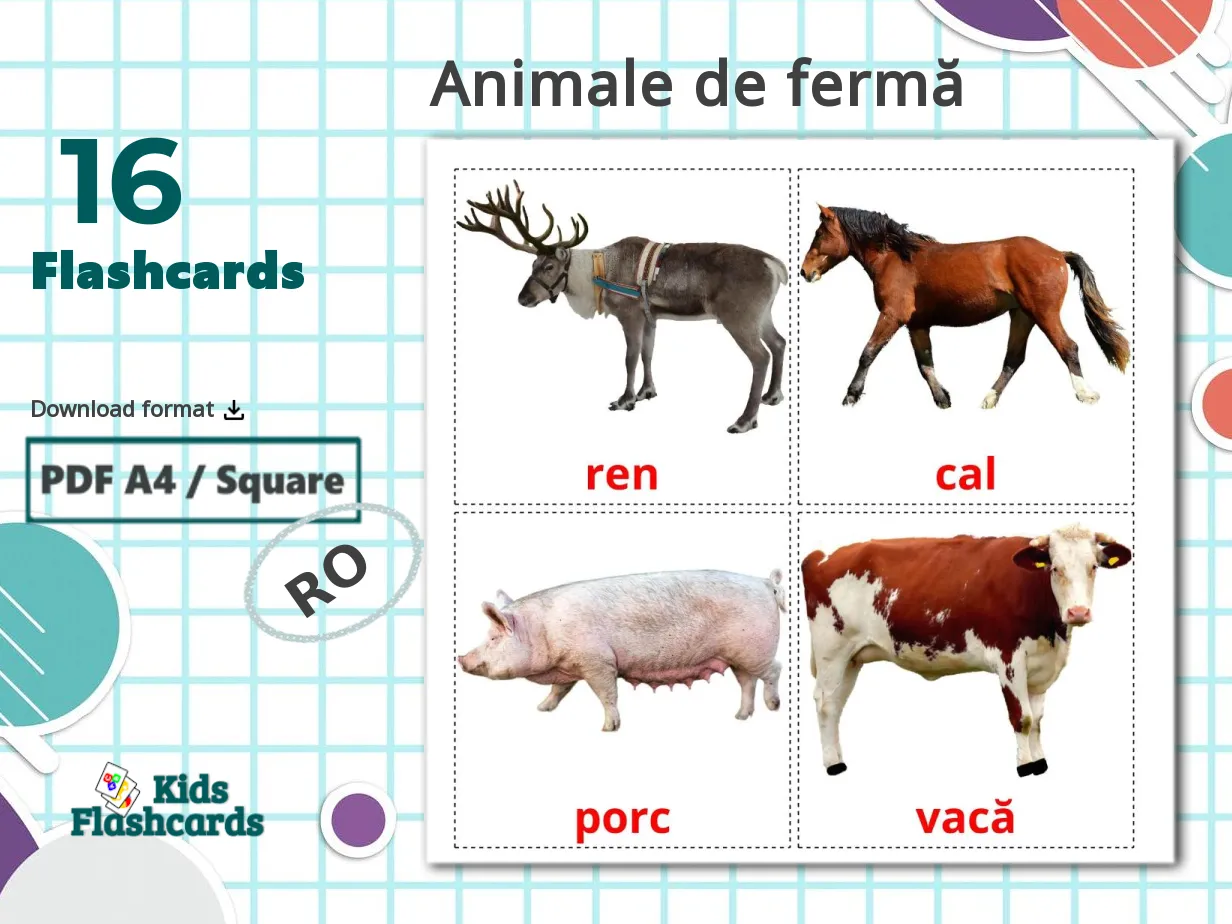 16 Printable Farm animals Flashcards in Romanian (Free PDF)