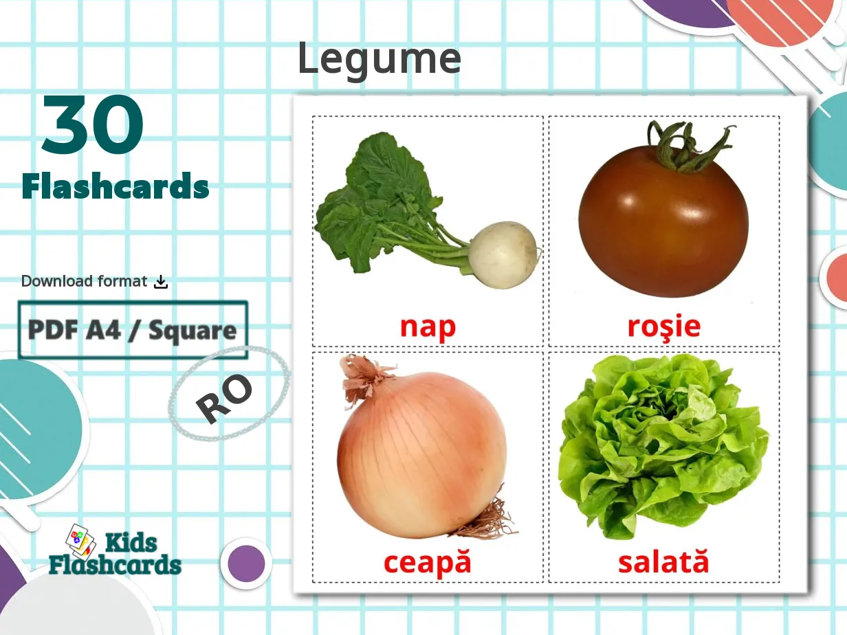 30 Printable Vegetables Flashcards in Romanian (Free PDF)