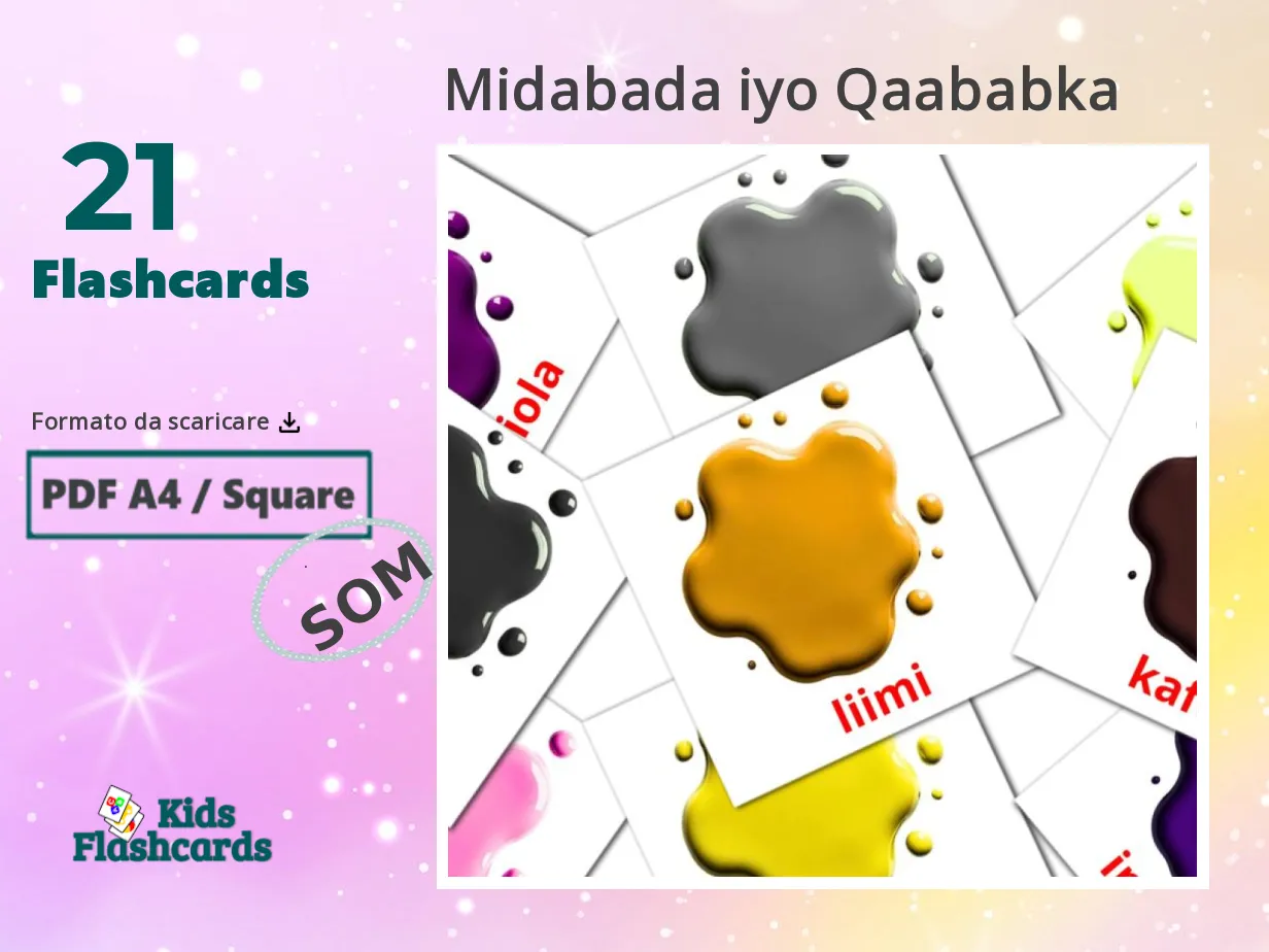 21 Flashcard GRATUITE sugli Colori e forme in Somalo | 4 PDF Stampabili