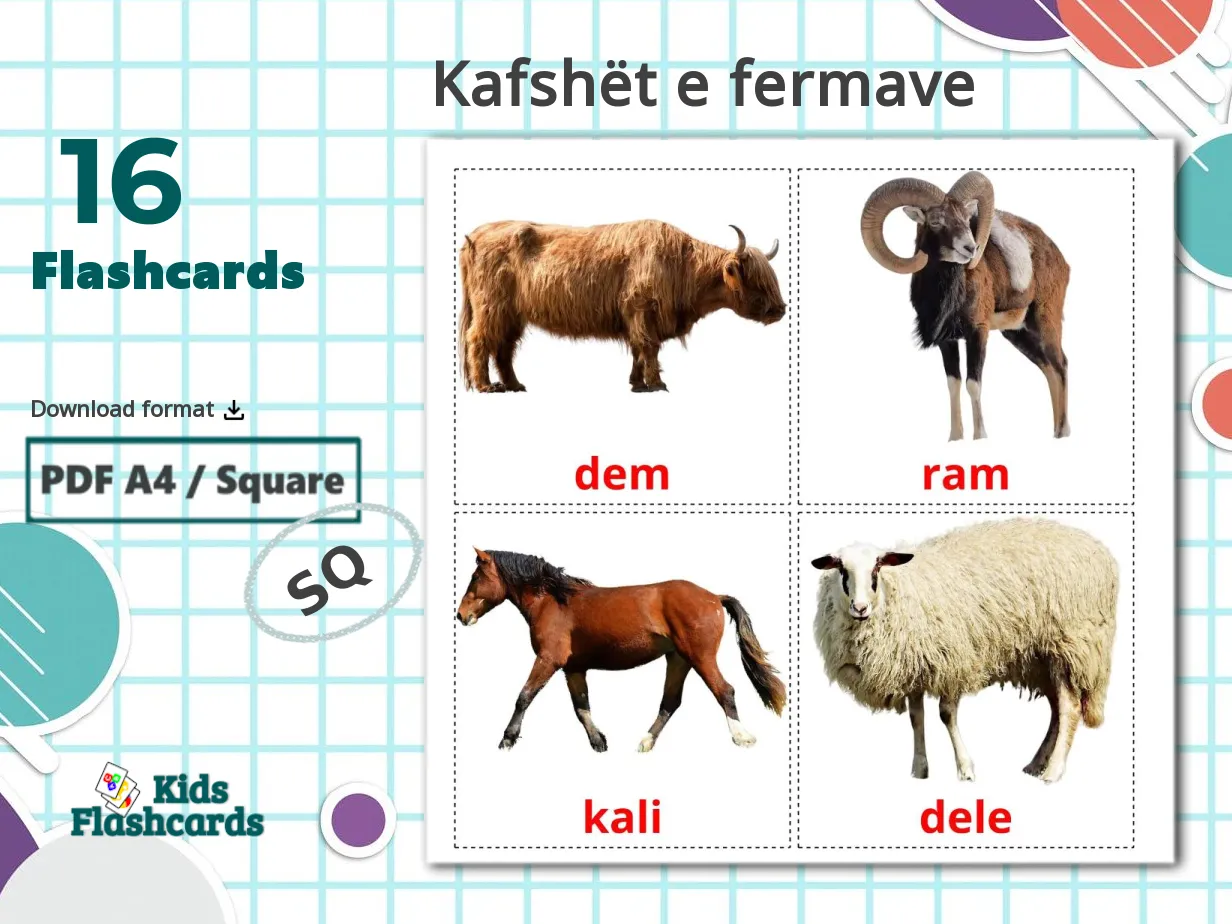 16 Printable Farm animals Flashcards in Albanian (Free PDF)