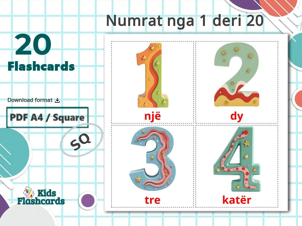 20 Printable Numbers (1-20) Flashcards in Albanian (Free PDF)