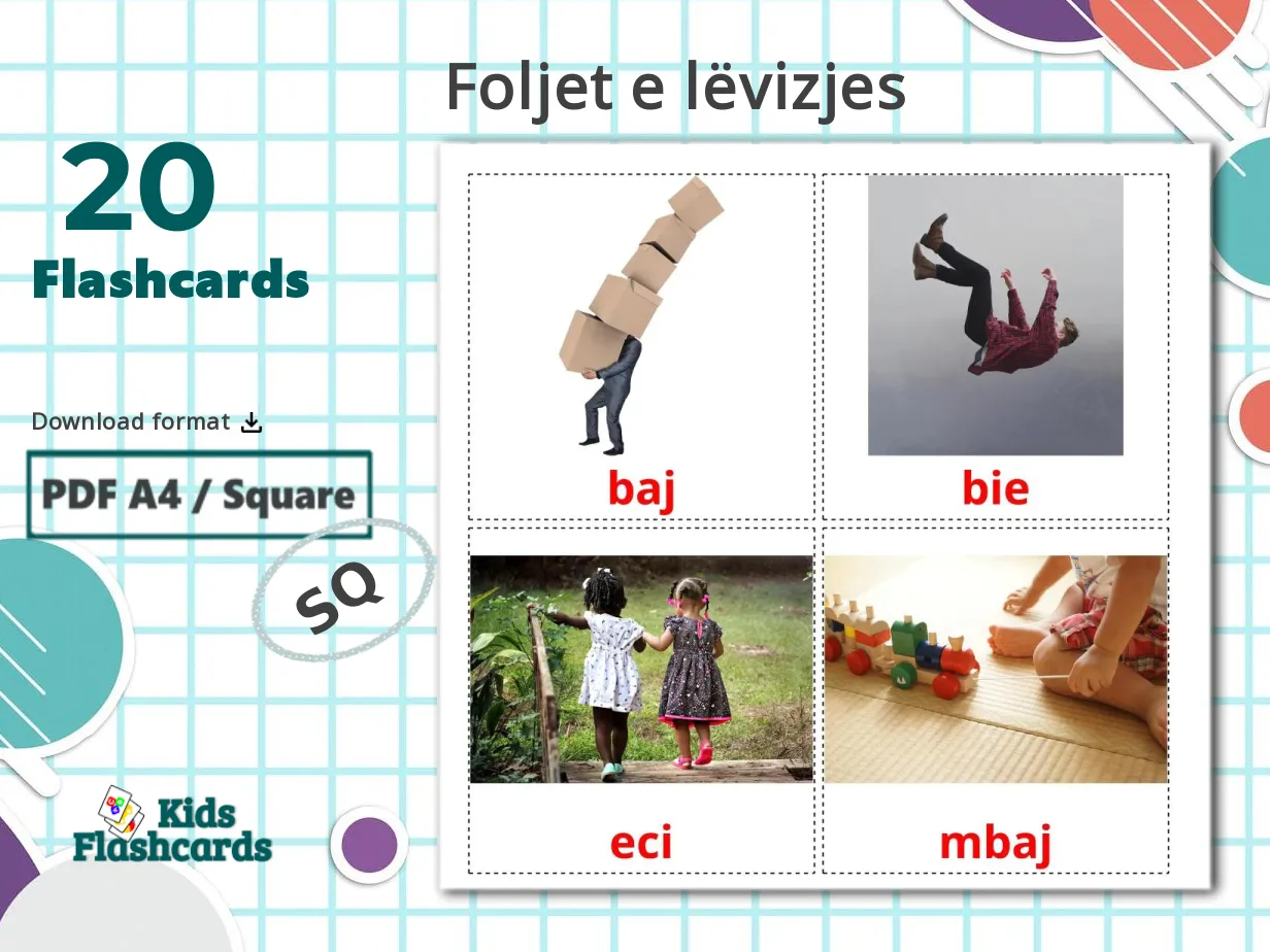 20 Printable Movement verbs Flashcards in Albanian (Free PDF)
