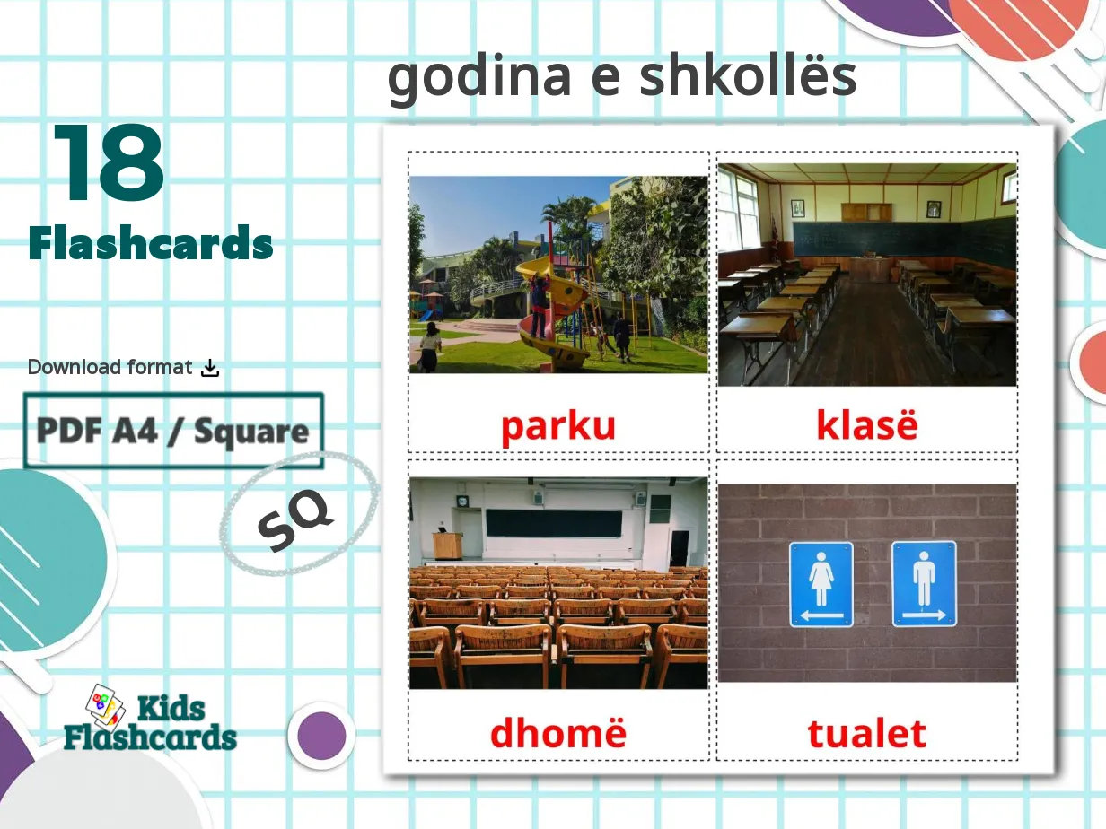 18 Printable School building Flashcards in Albanian (Free PDF)