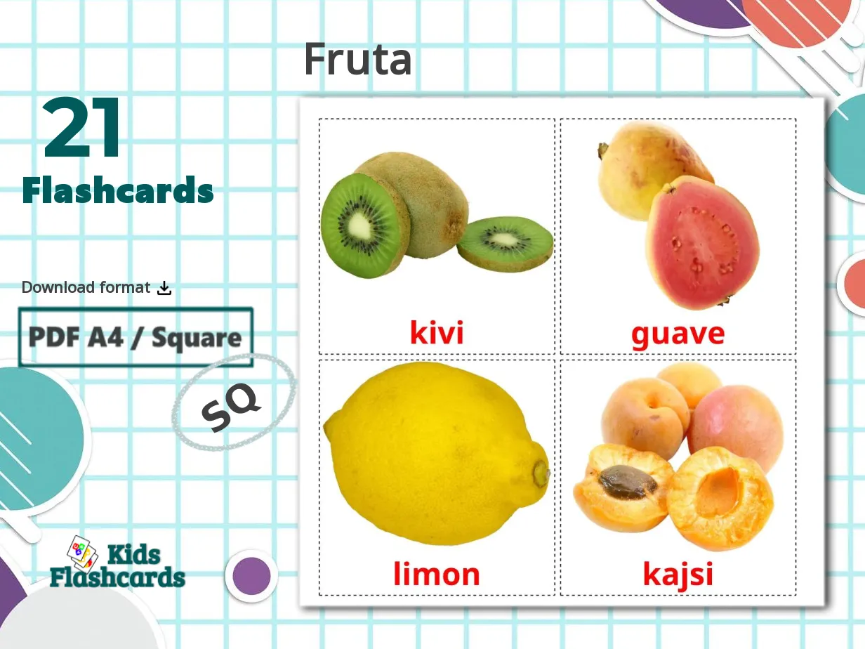 21 Printable Fruits Flashcards in Albanian (Free PDF)