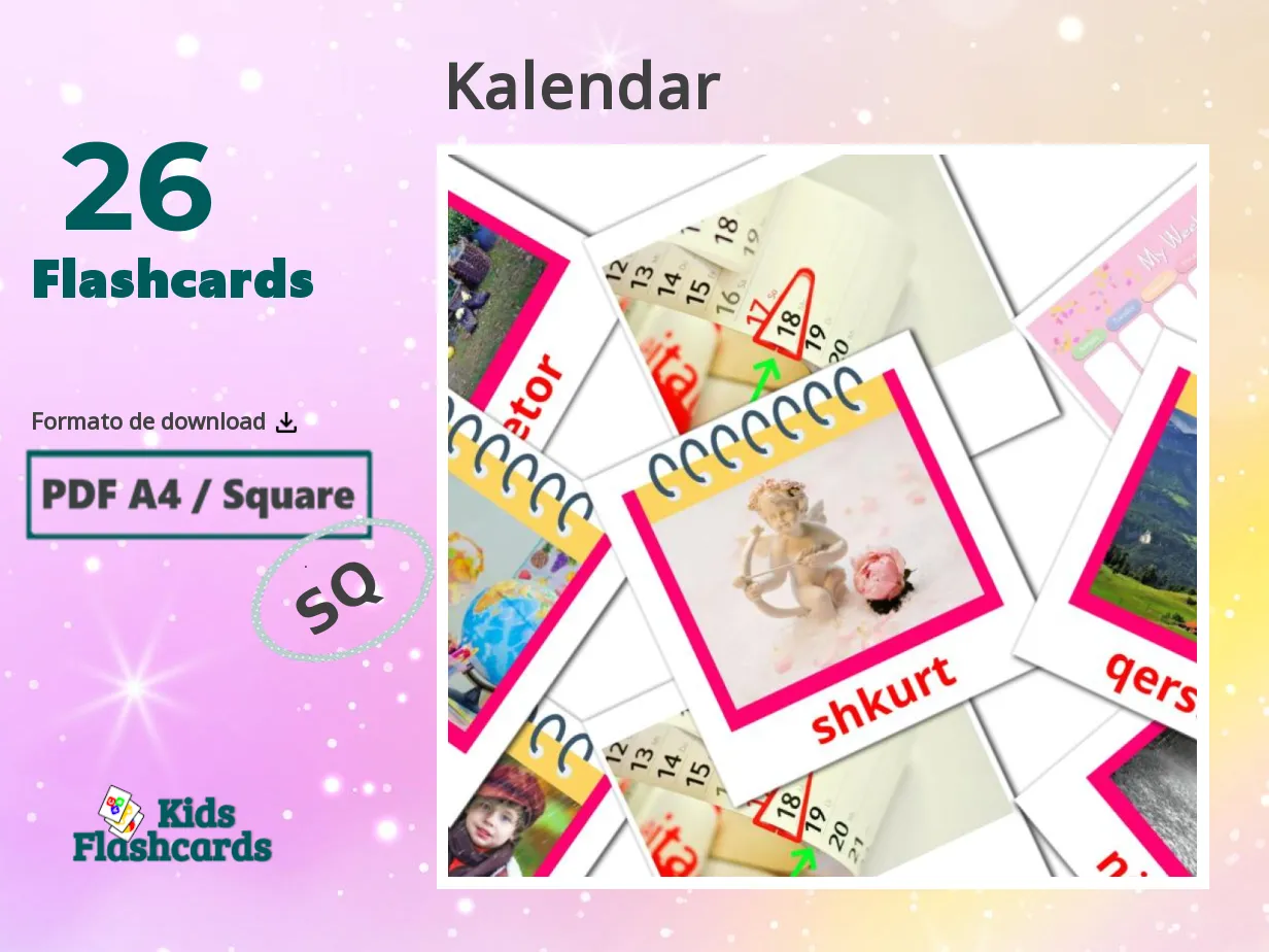 26 Flashcards de Calendário GRÁTIS em Albanês | 4 PDFs imprimíveis