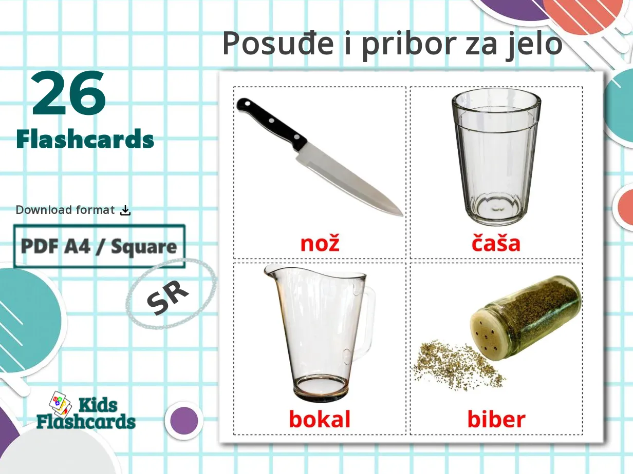 26 Printable Crockery and cutlery Flashcards in Serbian (Free PDF)