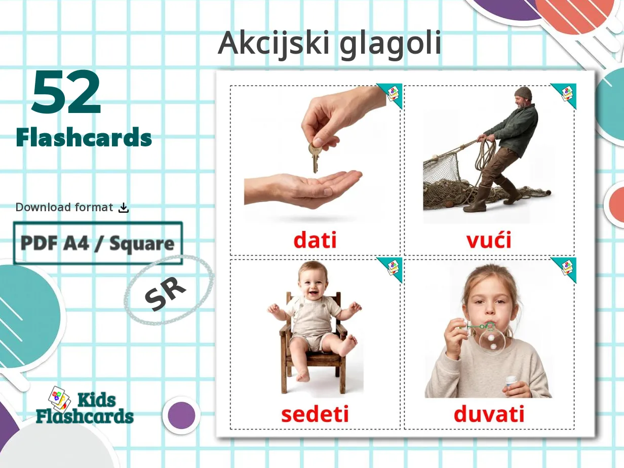 52 Printable Action verbs Flashcards in Serbian (Free PDF)