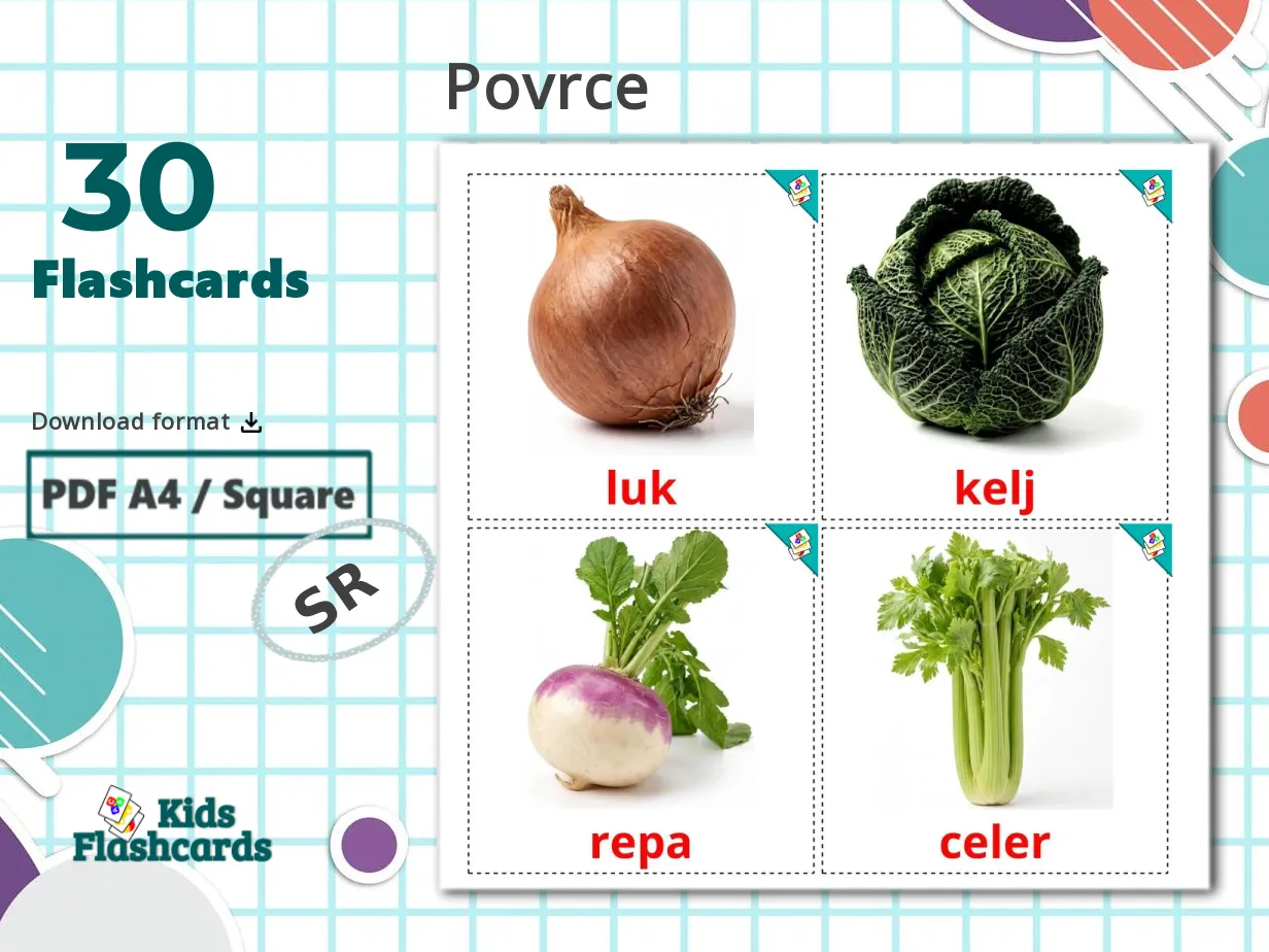 30 Printable Vegetables Flashcards in Serbian (Free PDF)