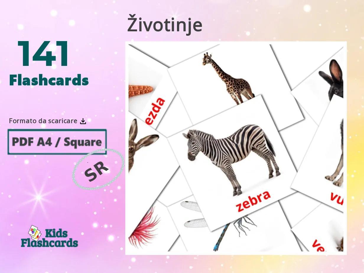 141 Flashcard GRATUITE sugli Animali in Serbo | 4 PDF Stampabili