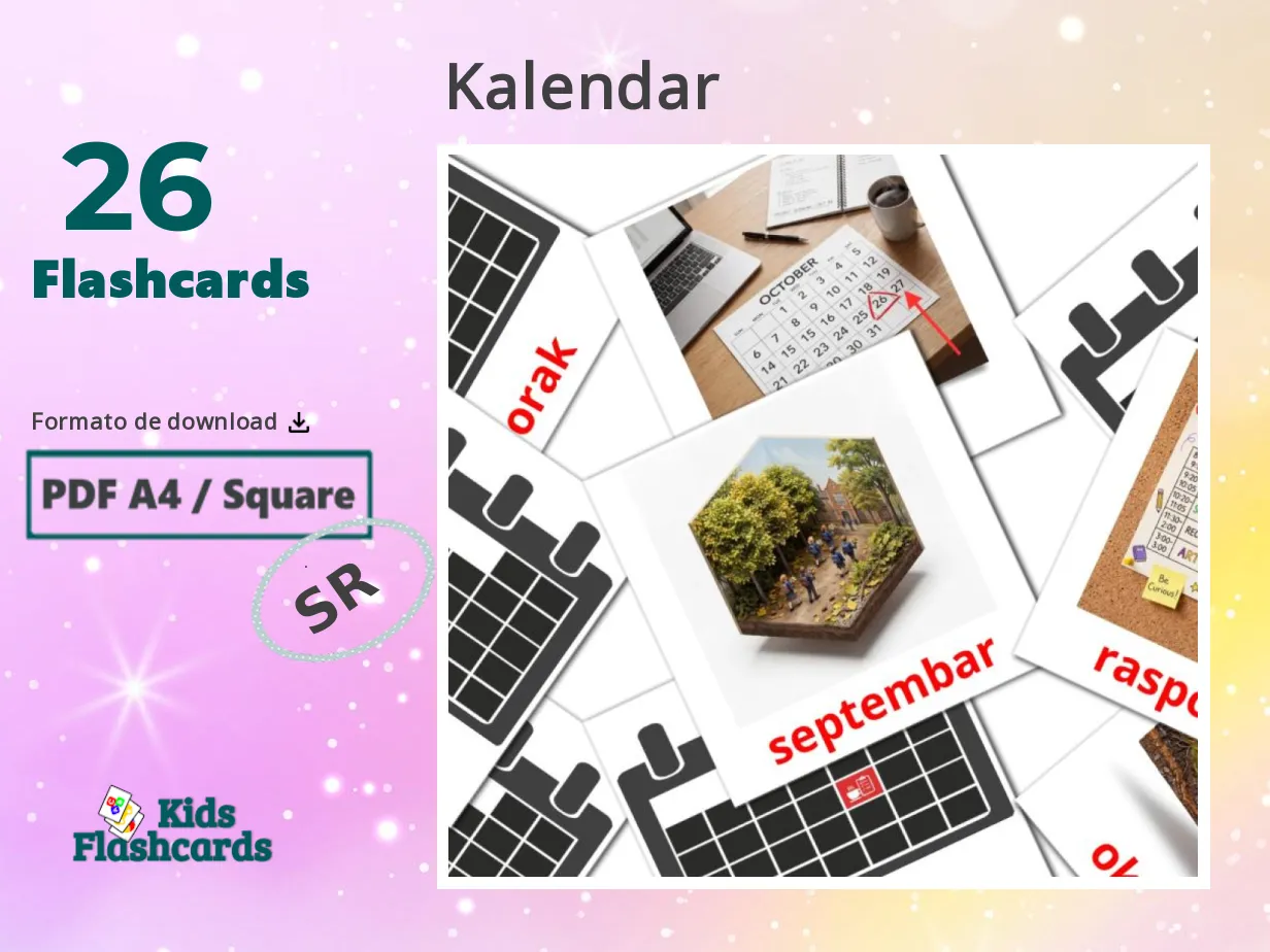 26 Flashcards de Calendário GRÁTIS em Sérvio | 4 PDFs imprimíveis