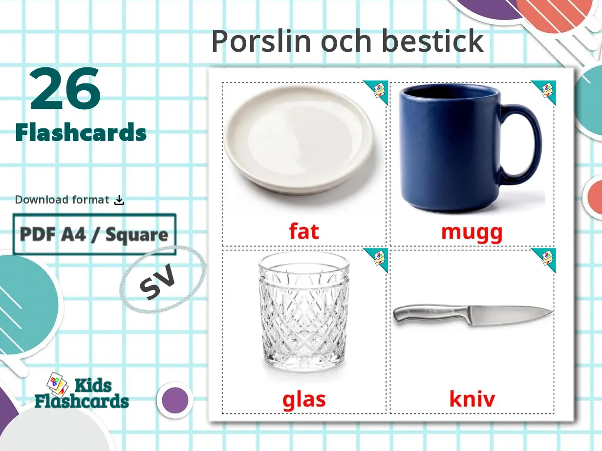 26 Printable Crockery and cutlery Flashcards in Swedish (Free PDF)
