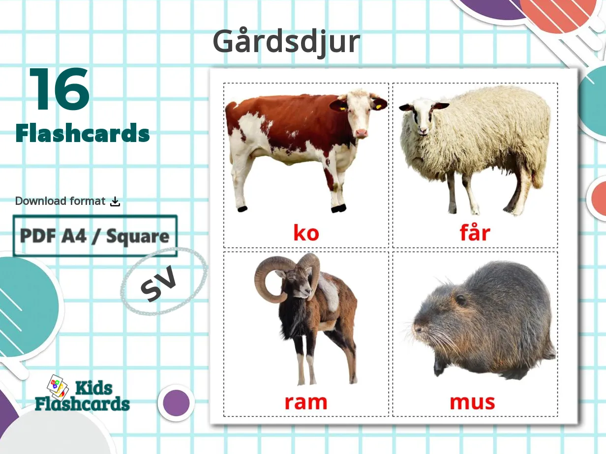 16 Printable Farm animals Flashcards in Swedish (Free PDF)