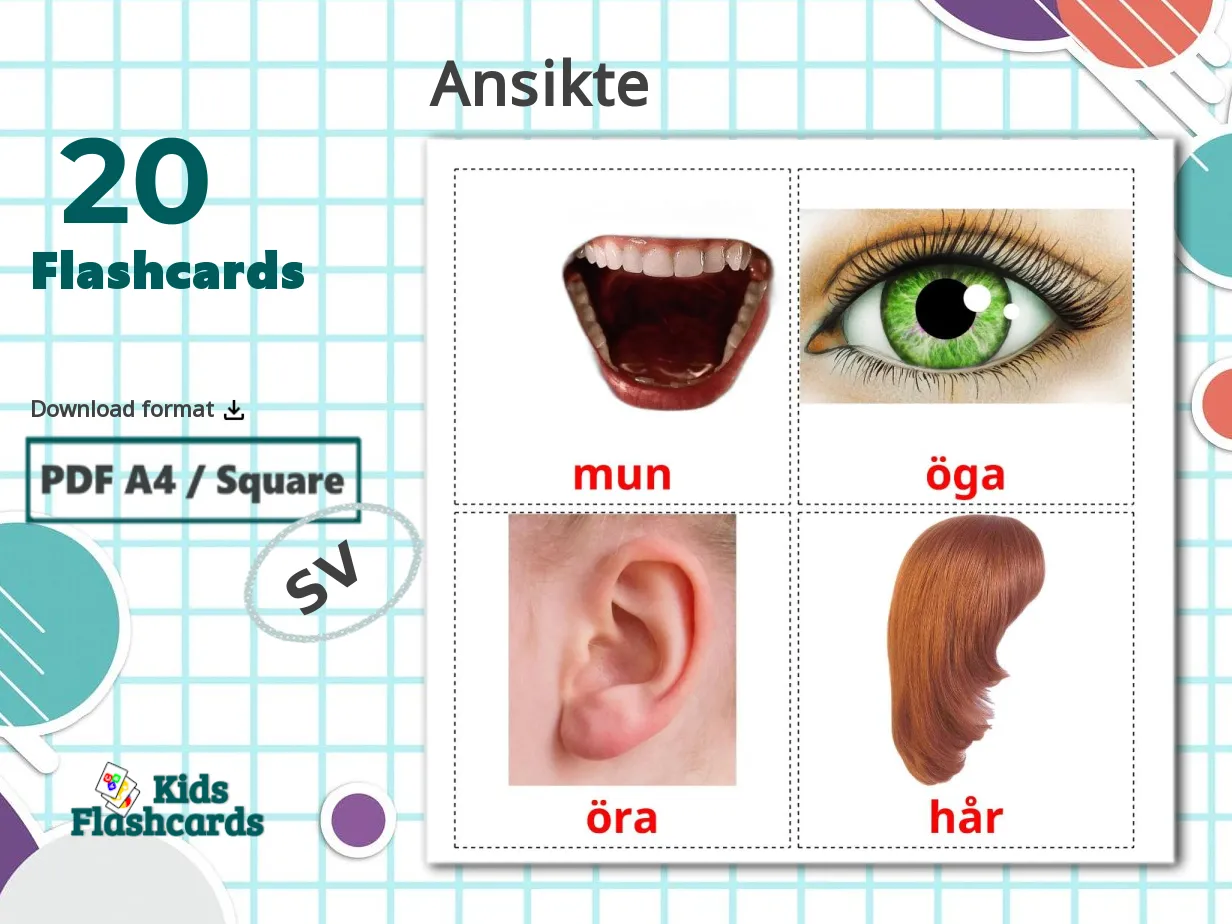 20 Printable Face Flashcards in Swedish (Free PDF)