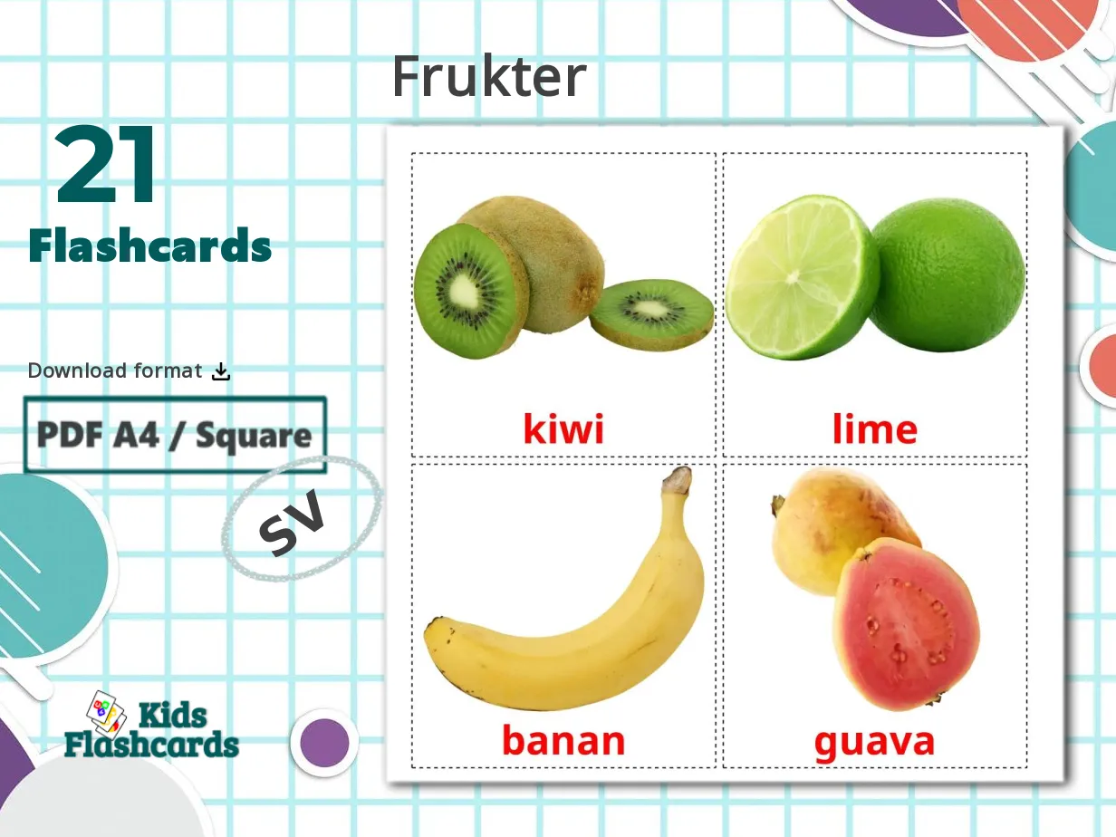 21 Printable Fruits Flashcards in Swedish (Free PDF)