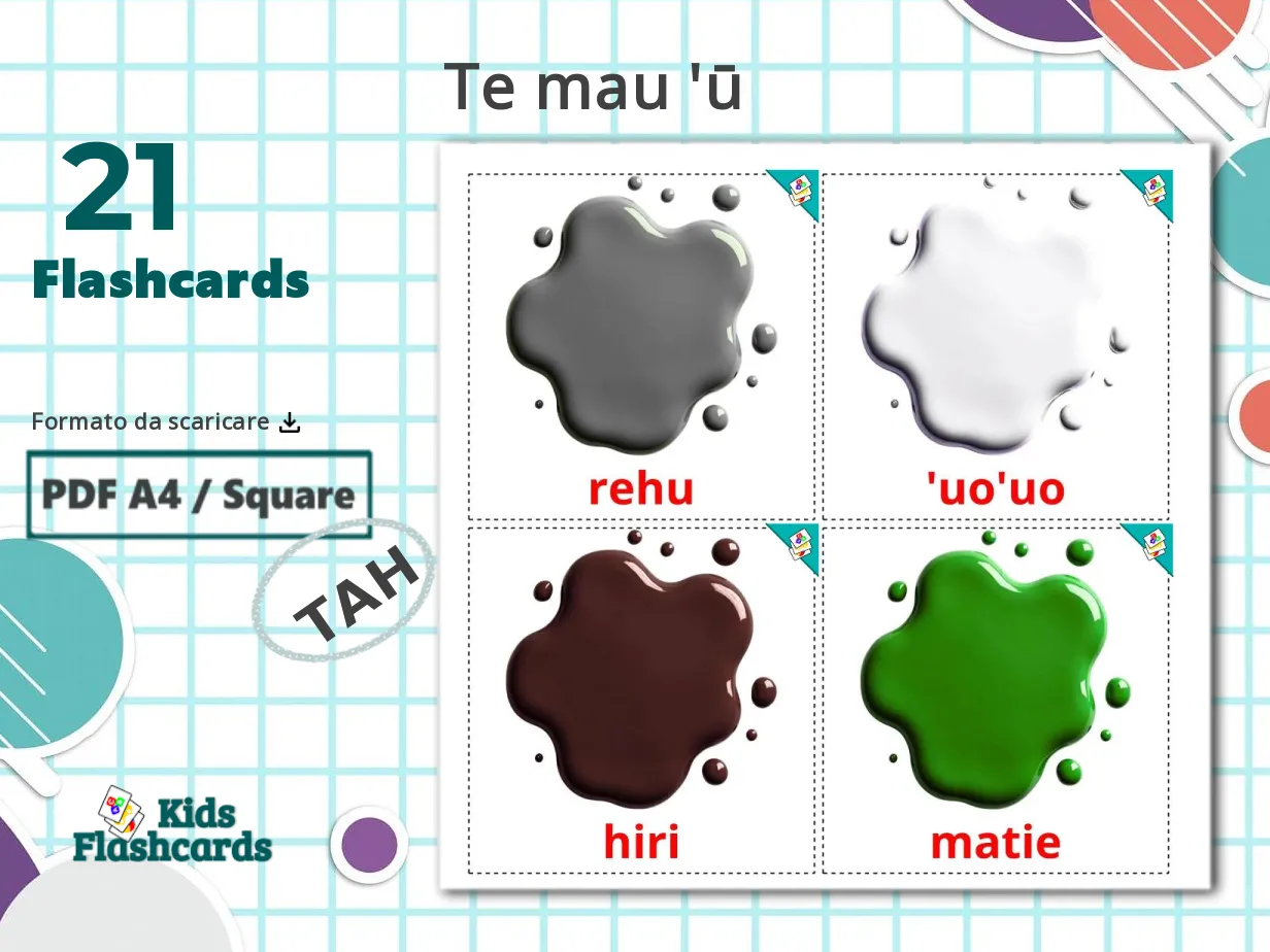 21 Flashcard GRATUITE sui Colori in 4 Formati PDF | Immagini in Tahitiano