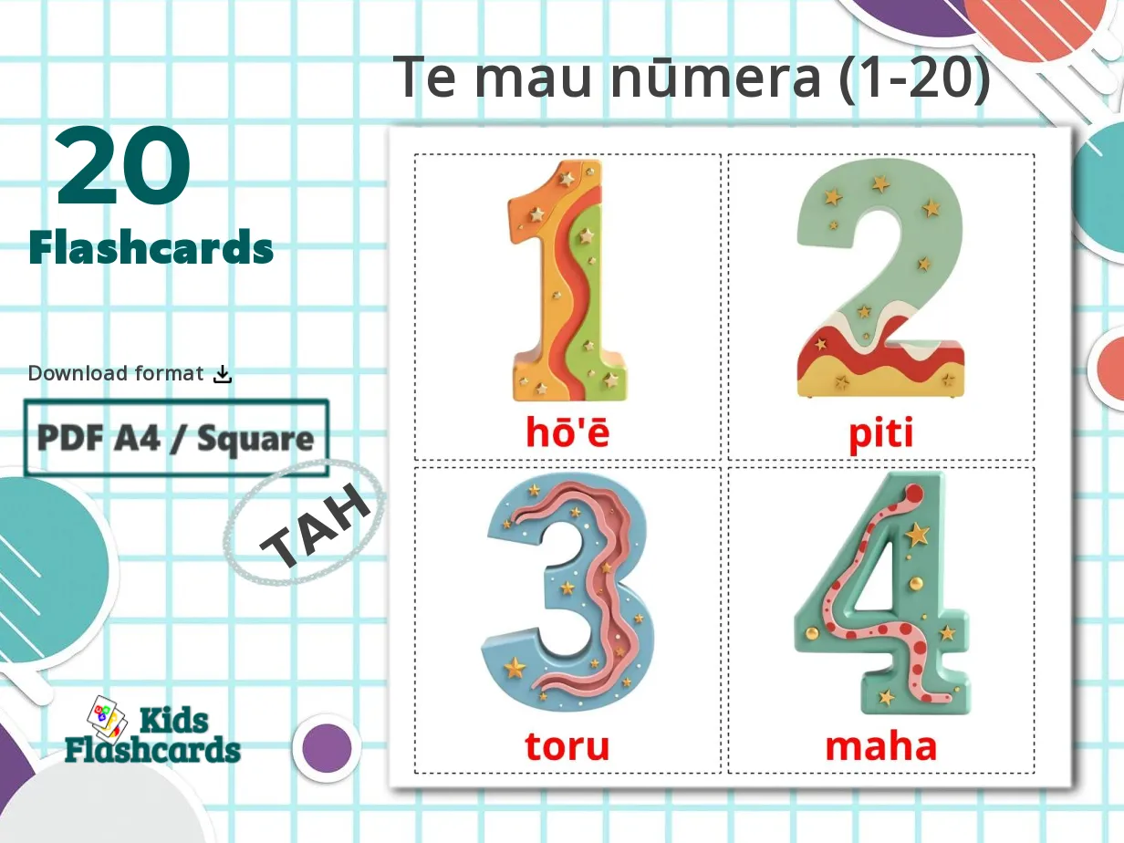 20 Printable Numbers (1-20) Flashcards in Tahitian (Free PDF)