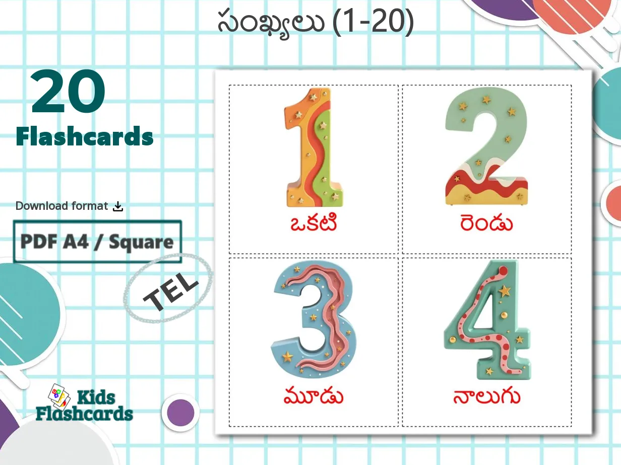 20 Printable Numbers (1-20) Flashcards in Telugu (Free PDF)