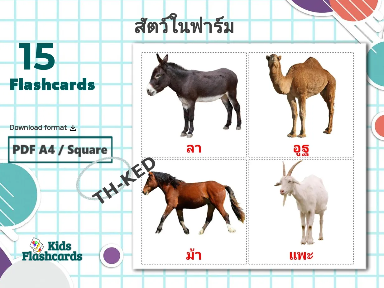 15 Printable Farm animals Flashcards in Thai (Free PDF)