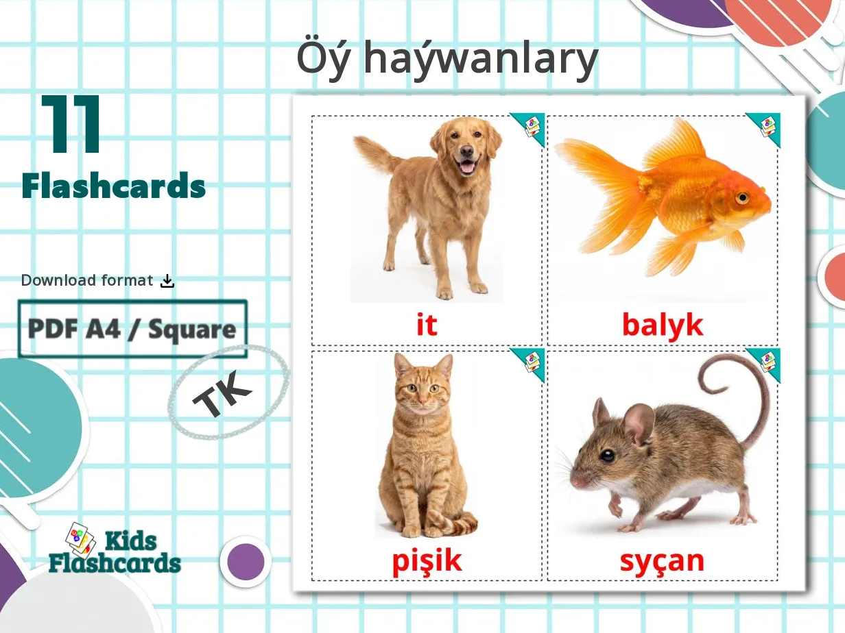 11 Printable Domestic animals Flashcards in Turkmen (Free PDF)
