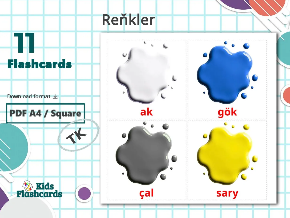 11 Printable Colors Flashcards in Turkmen (Free PDF)