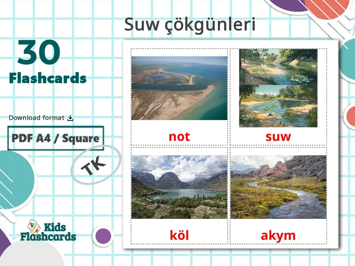 30 Printable Bodies of Water Flashcards in Turkmen (Free PDF)