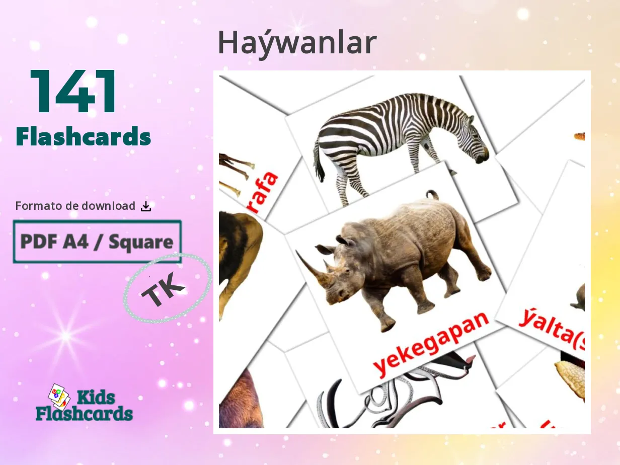 141 Flashcards de Animais GRÁTIS em Turcomenos | 4 PDFs imprimíveis