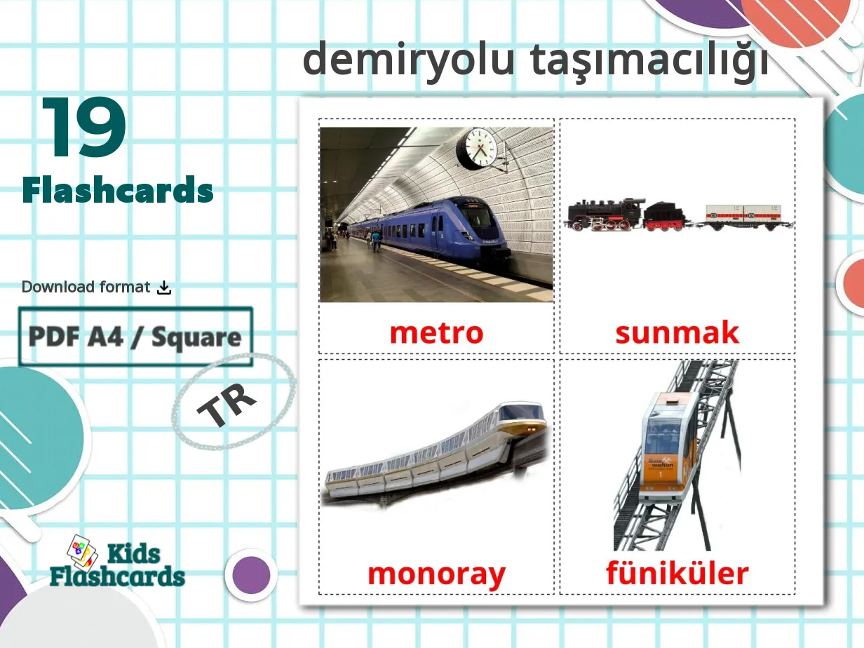 19 Printable Rail transport Flashcards in Turkish (Free PDF)