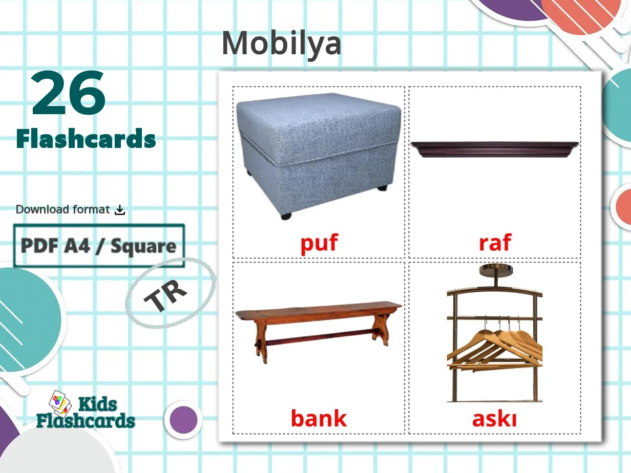 26 Printable Furniture Flashcards in Turkish (Free PDF)