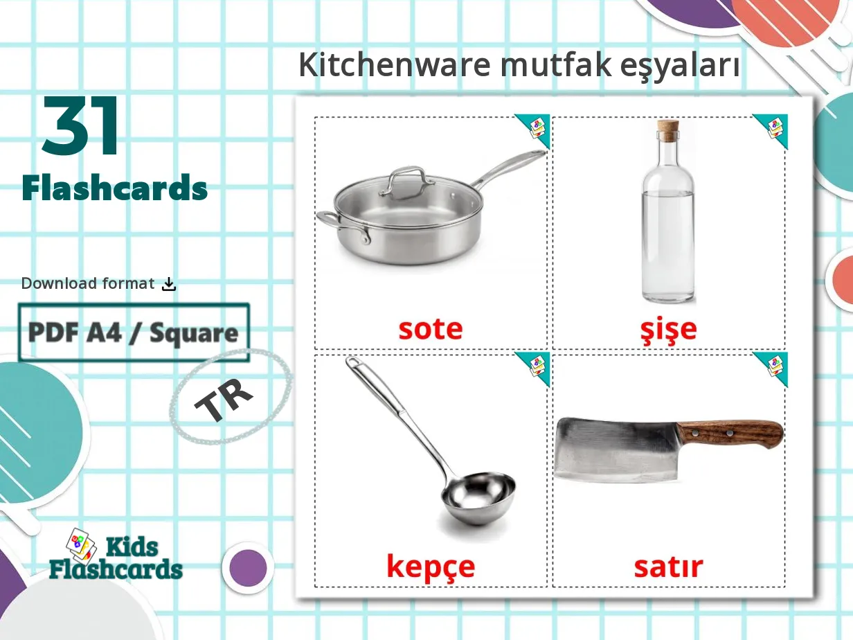 31 Printable Kitchenware Flashcards in Turkish (Free PDF)